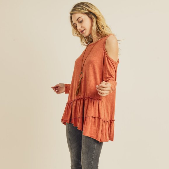 Doe & Rae | Tops | Cold Shoulder Top Angled Ruffle Hem Brick Rust ...